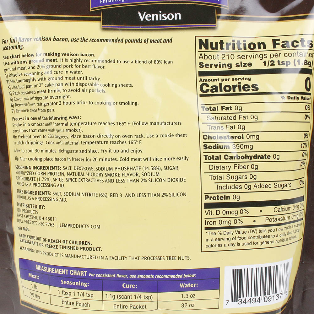 Backwoods 13 Oz Venison Bacon Seasoning Cure Packet Makes 25 Lbs of Me ...